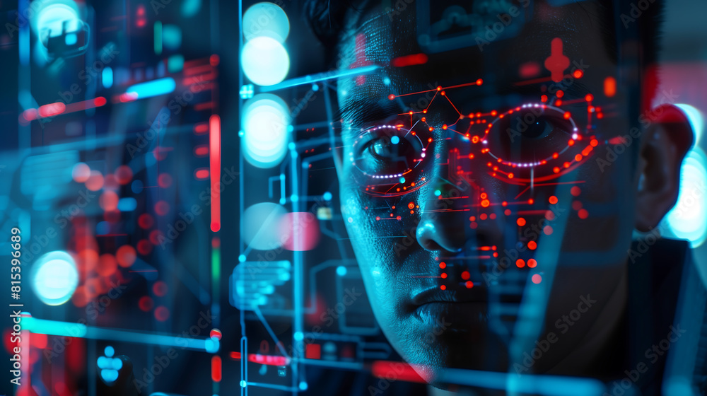man face overlaid with intricate digital interfaces, bright lines map ...