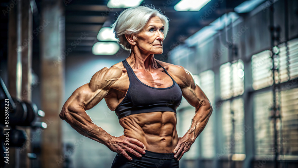 A muscular elder woman bodybuilder with a defined back shows off his ...