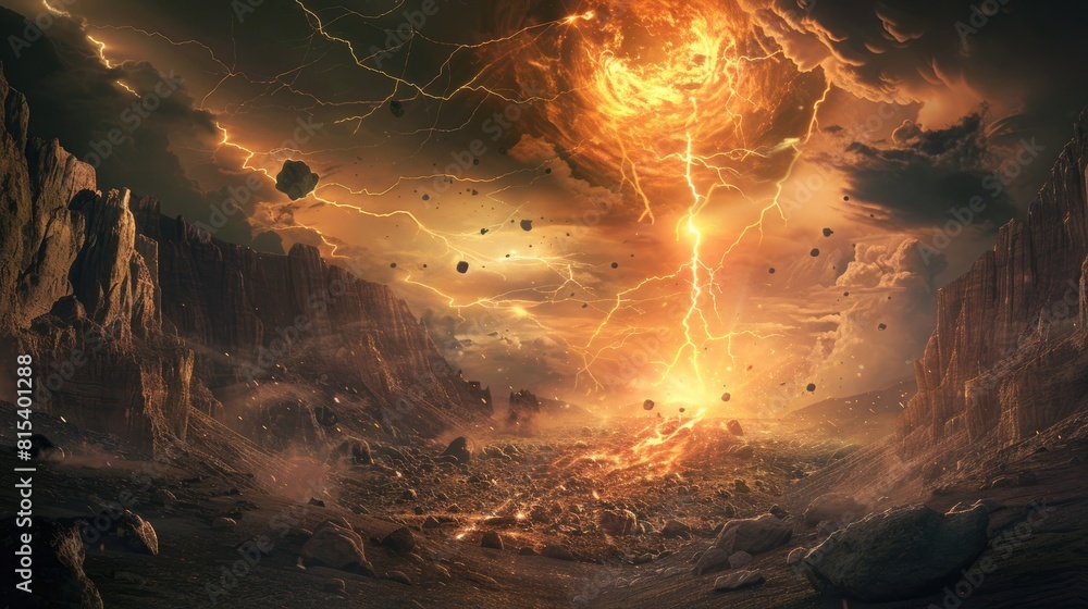 In this apocalyptic scene a dramatic dark and stormy sky crackles with ...