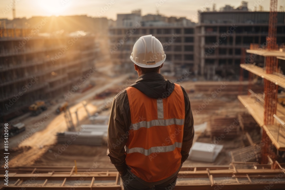 back view of civil engineer working and supervising building ...