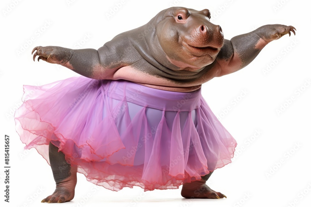 A hippopotamus doing ballet in a pink tutu and tiara on isolated white ...