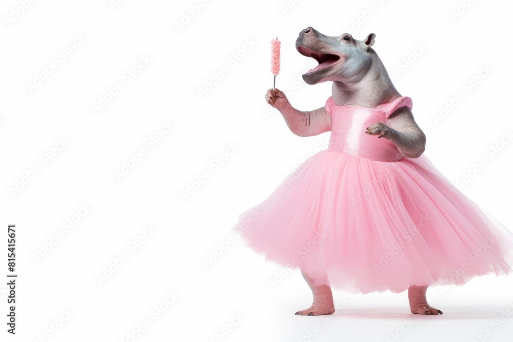 A hippopotamus doing ballet in a pink tutu and tiara on isolated white ...