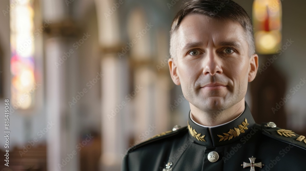 The picture of the military officer standing inside the church and ...