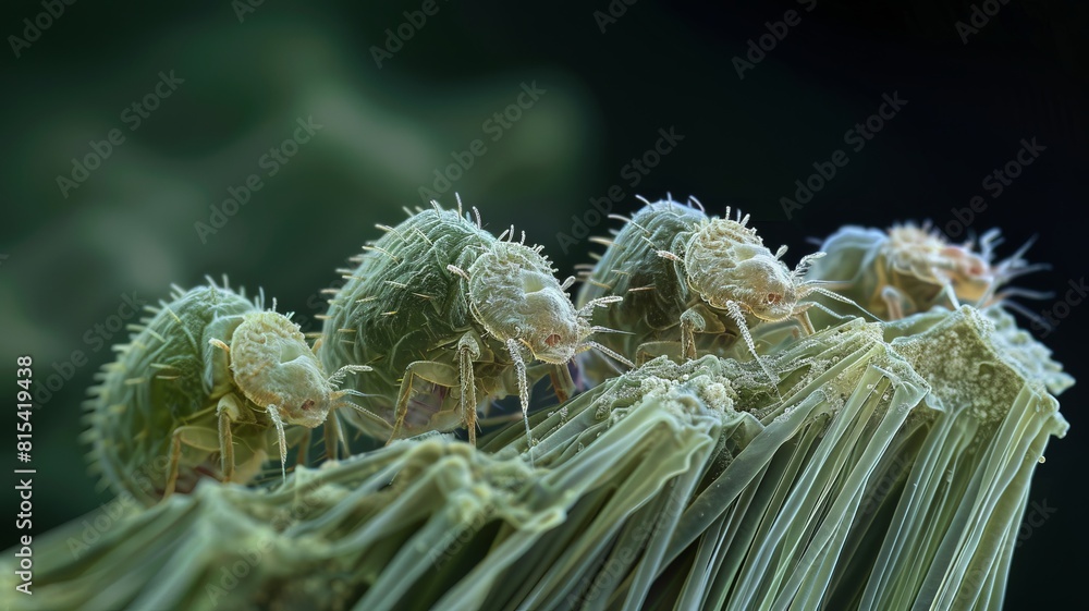 Microscopic view of dust mites among fibers, side view, micro ecosystem ...