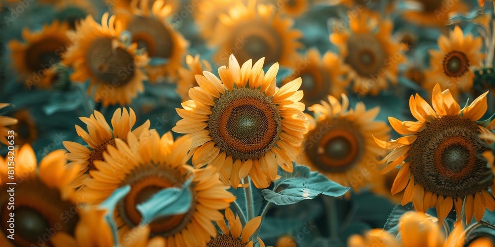 Sunflower field with embedded lecithin capsules, top view, natural ...