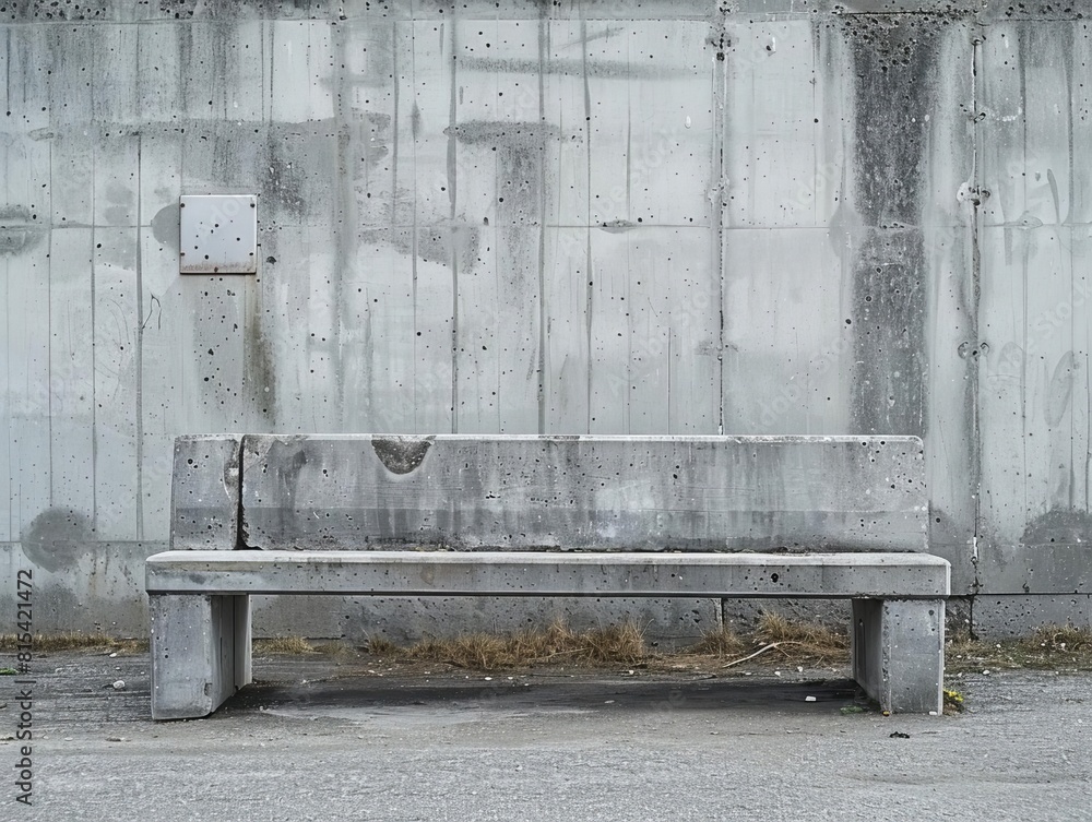 Minimalist concrete bus bench in an industrial zone, stark surroundings ...