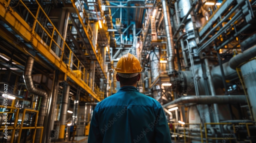 An engineer testing the emergency stop system in a large manufacturing ...