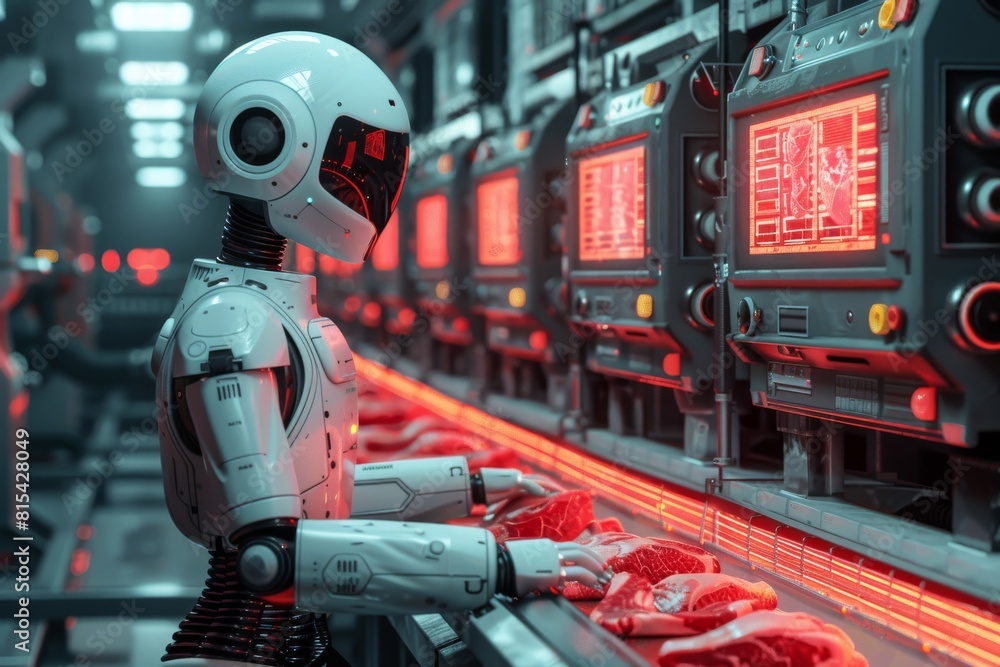 Side view of an AI robot standing on a meat packing or production line ...