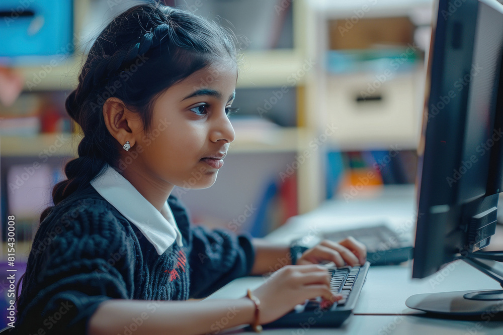 Cute indian little girl child using computer Stock Photo | Adobe Stock