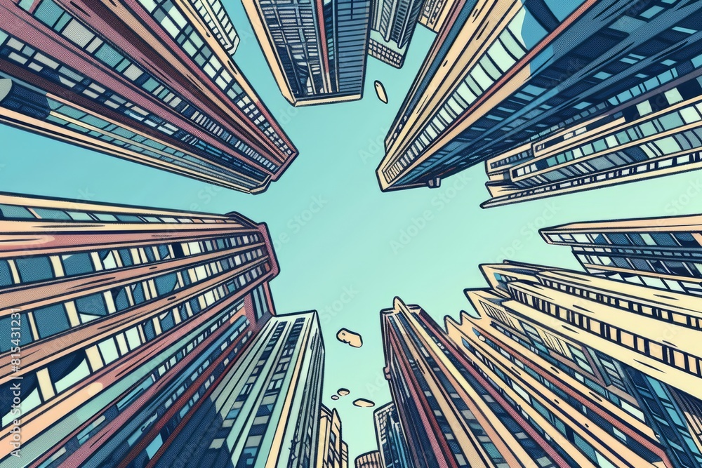 Cartoon cute doodles of a city skyline with skyscrapers rising into the ...