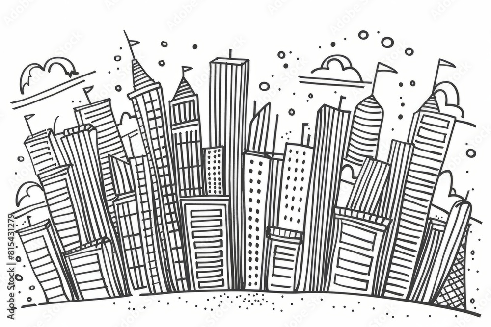 Cartoon cute doodles of a city skyline with skyscrapers rising into the ...