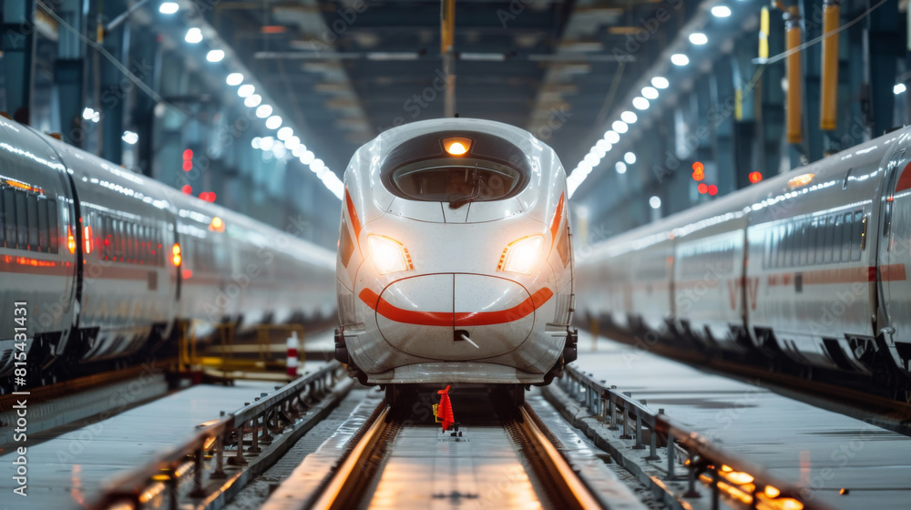 A mechanic testing the emergency stop procedures on a high-speed rail ...