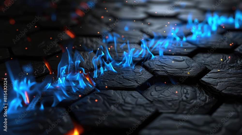 3d black abstract background with hexagon shapes, splashing blue fire ...