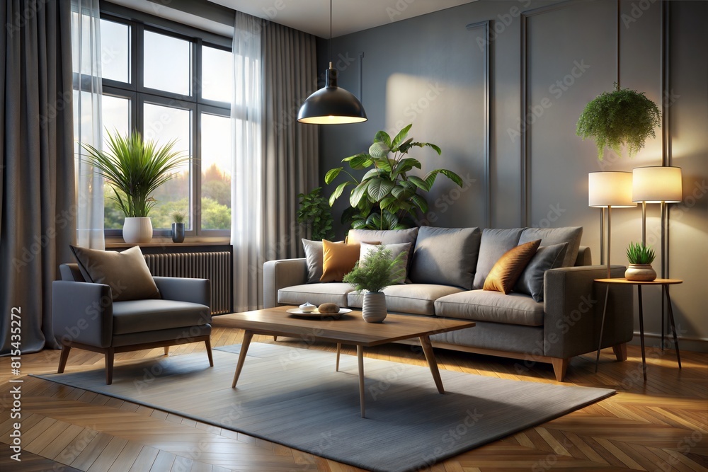 living room rendering with sofa and table, living room wall background ...