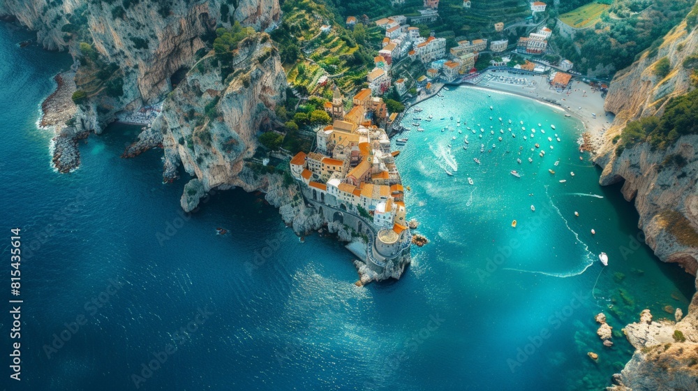 Aerial view of the Amalfi Coast in Italy, with its dramatic cliffs ...