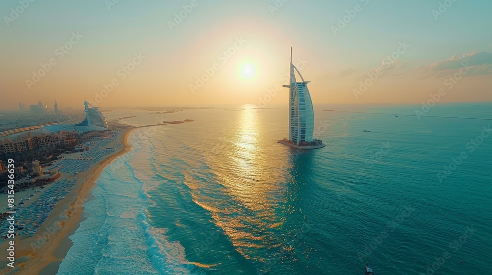 Aerial view of the Burj Al Arab in Dubai, UAE, with its iconic sail ...