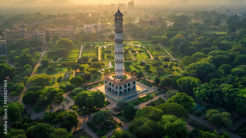 Aerial view of the Minar-e-Pakistan in Lahore, Pakistan, with its impressive white tower set ...