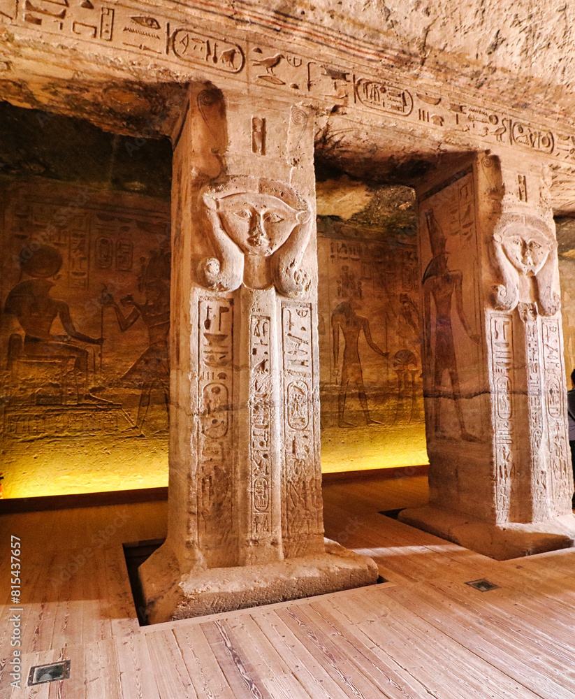 Beautiful pillars with decorations of Hathor, the Mother Goddess inside ...