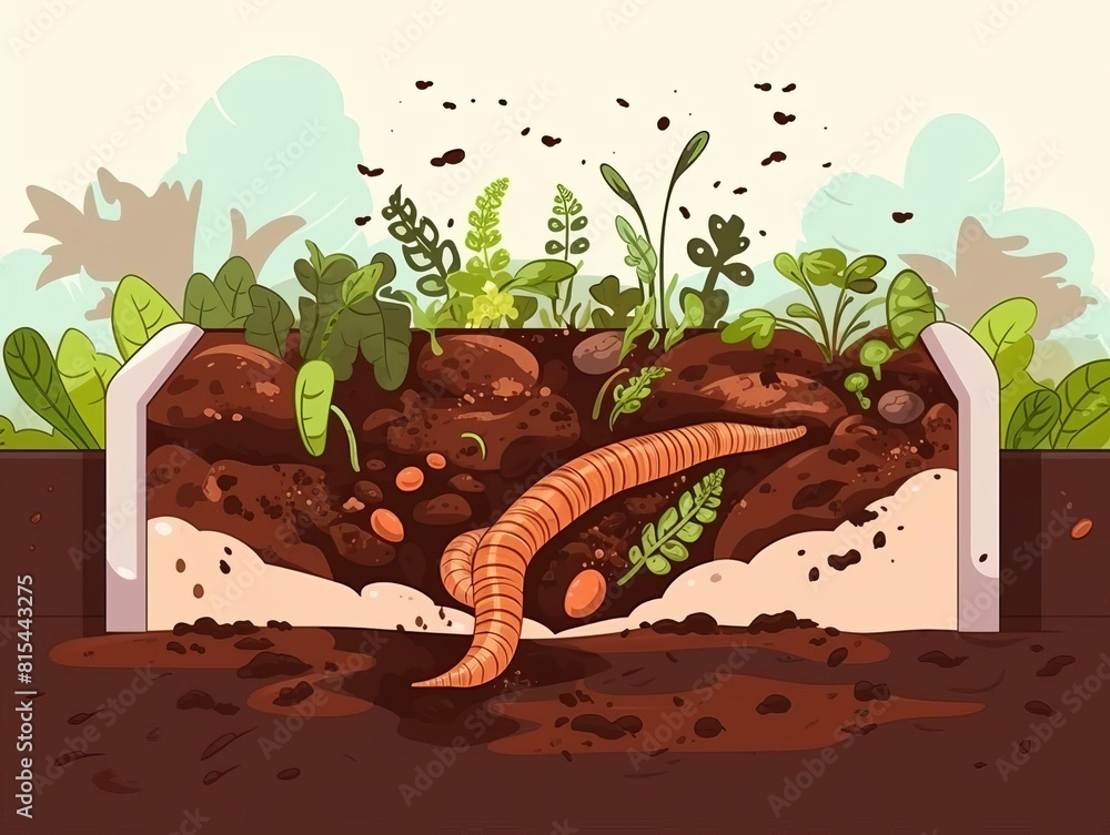 Vermicomposting flat design top view worm farm theme cartoon drawing ...