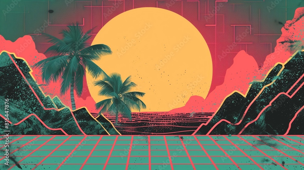 A vibrant, grid-style ground with a stunning sunset backdrop, flanked ...