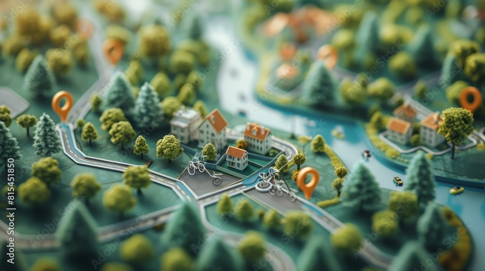 Community Mapping: A 3D vector illustration of a map with pins marking locations of community ...