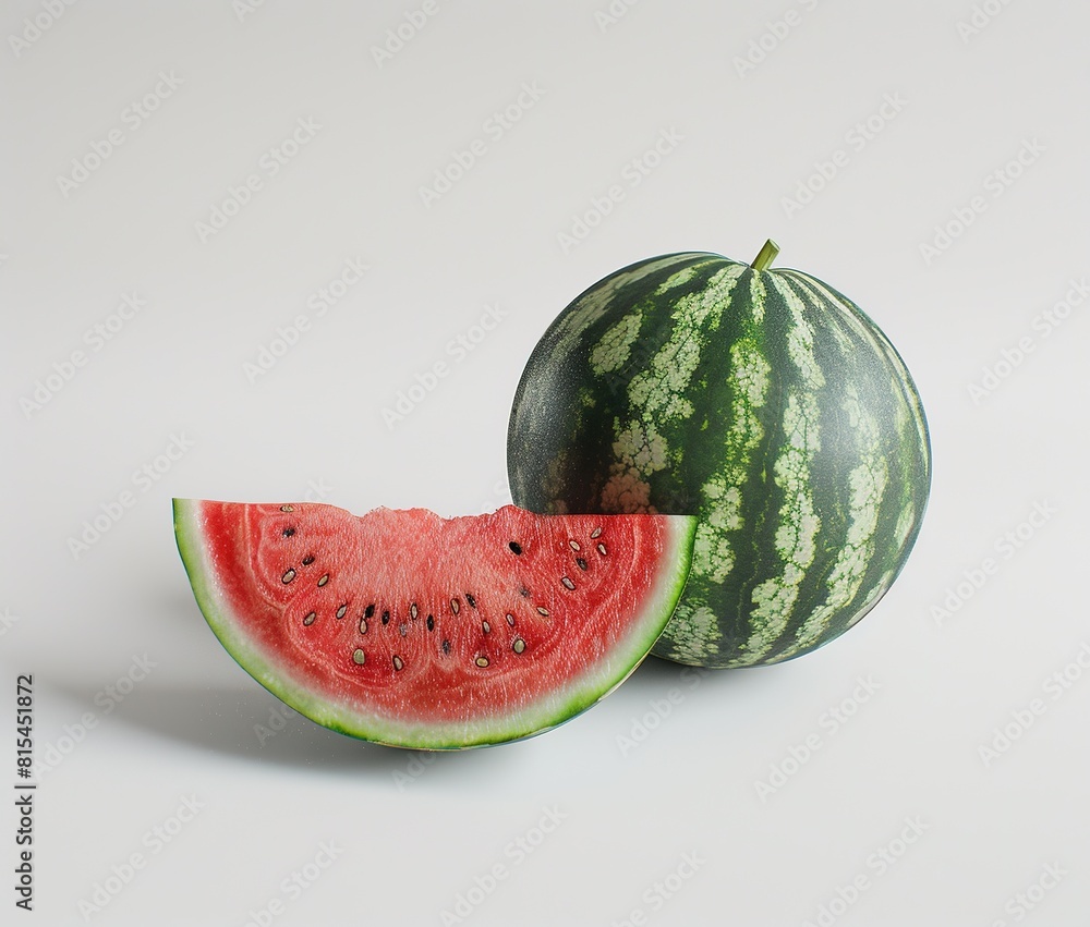 Watermelon, cut in half with whole watermelons behind it on white ...