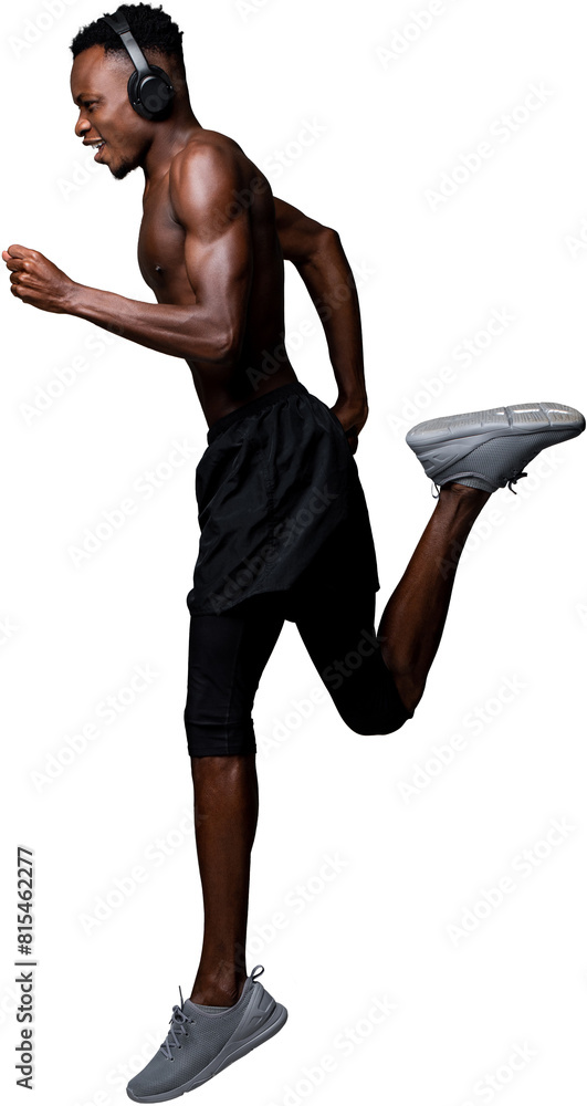 Shirtless African sportsman listening to music and running PNG file no ...