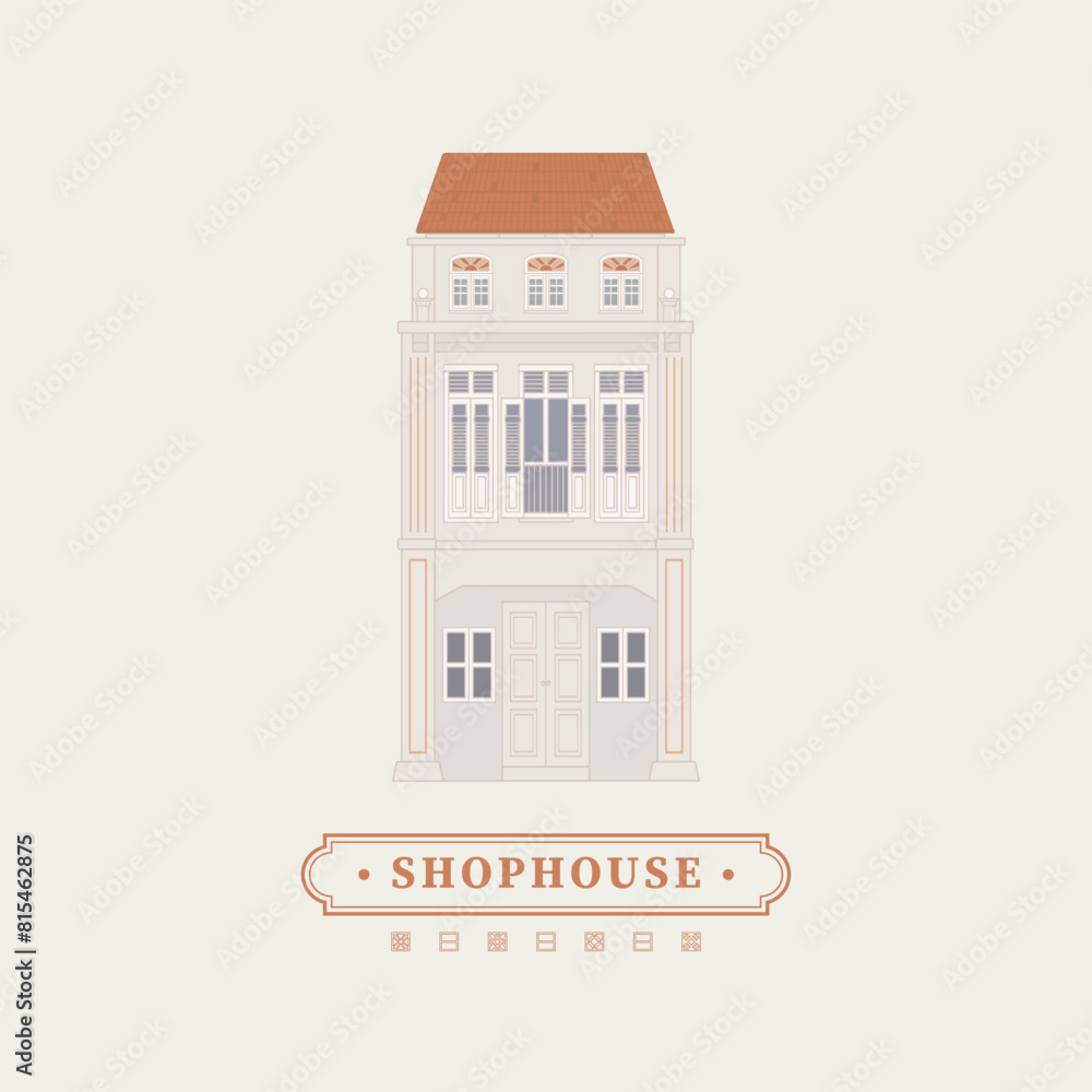 Mnimal vector drawing illustration of an old school heritage shophouse ...
