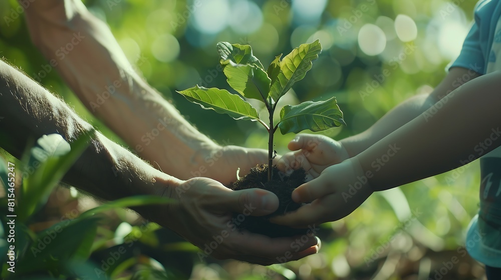 A young man and a child hold a small tree in their hands Concept of ...
