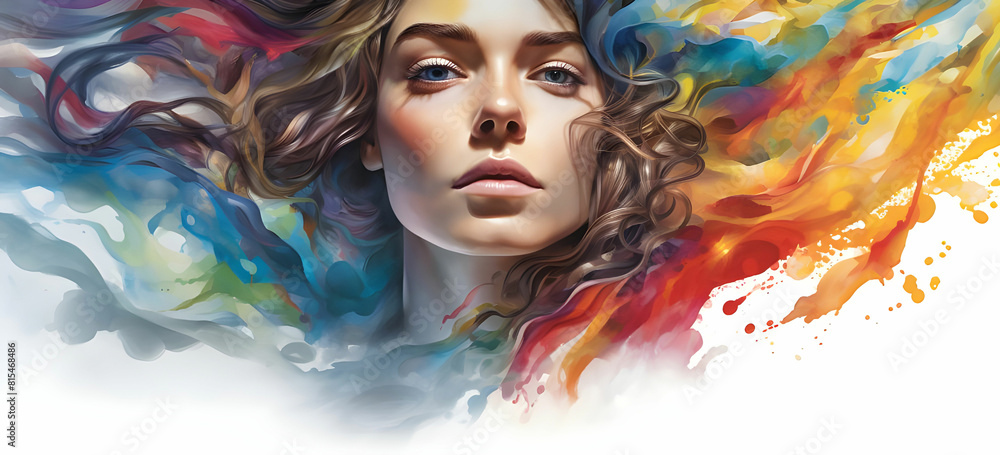 Generate a portrait with dynamic and flowing watercolor strokes that ...