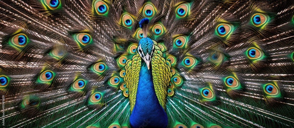 A stunningly colored African peacock is portrayed with its feathers ...