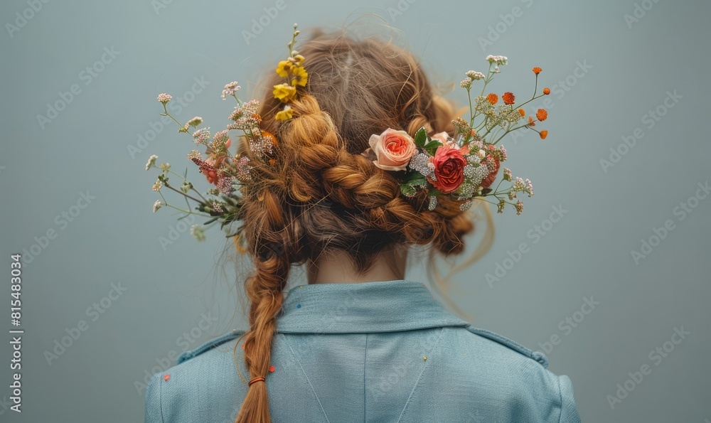 Teenage girl wearing blue blazer backwards with flowers on her back ...
