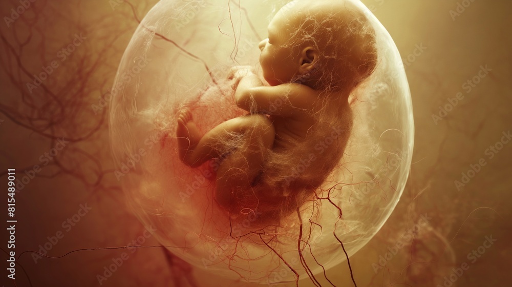 Little human baby inside mother womb. Small embryo in uterus. Cute ...
