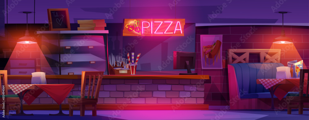 Pizza restaurant interior at night cartoon vector. Pizzeria shop with ...