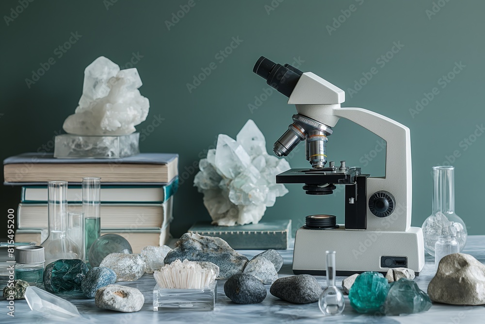 Scientific research laboratory workspace with microscope, books, and ...
