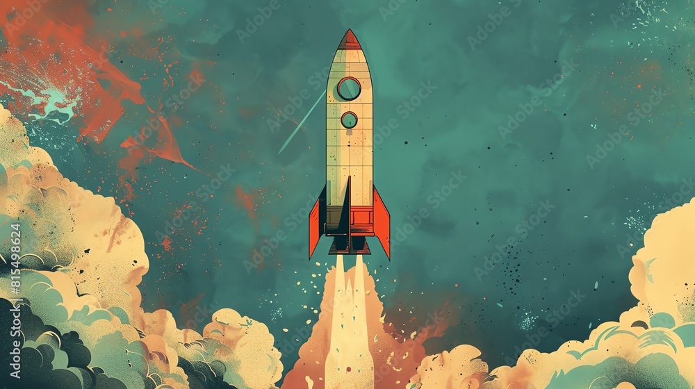 Rocket launch flat design, side view, rocket theme, water color ...