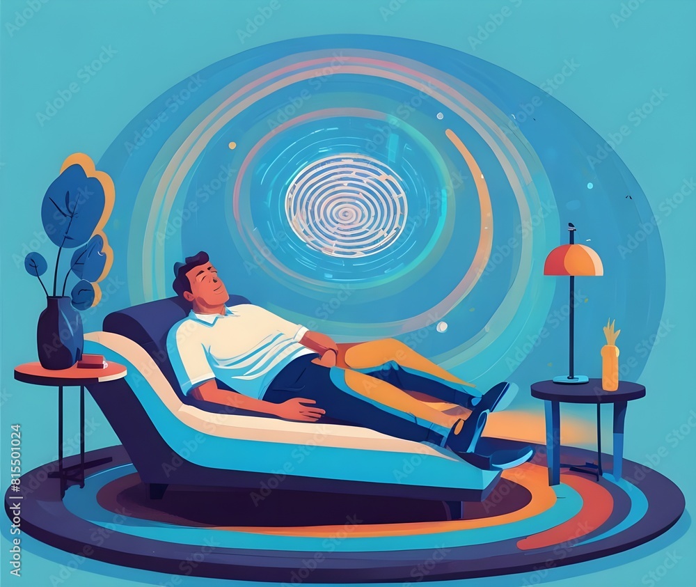 Man conducts hypnotherapy session for his visitor. Patient lying on ...