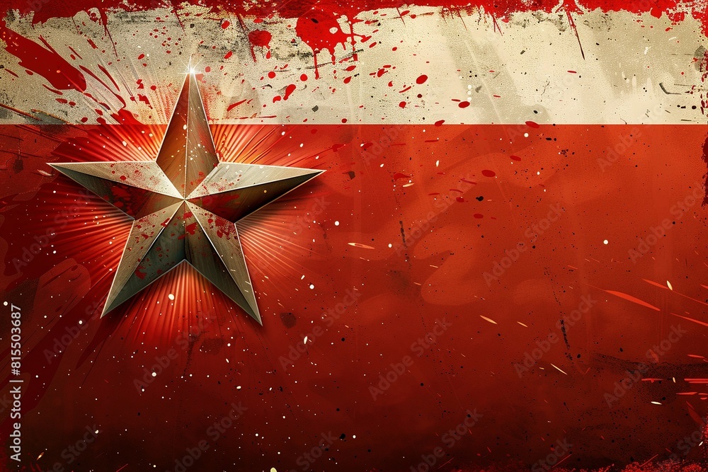 red star, reminiscent of Soviet propaganda posters, set against a ...