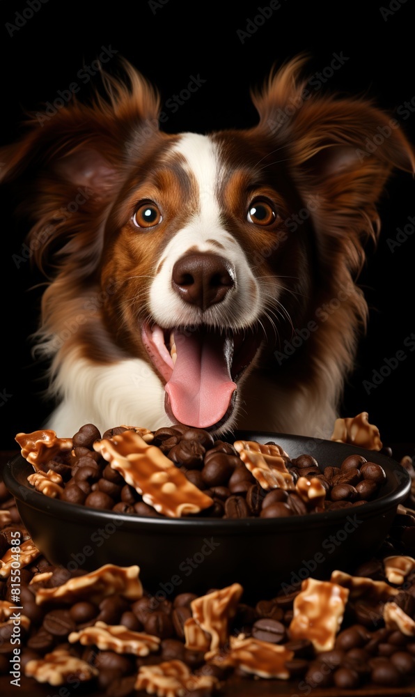 Hungry dog licking its lips with tongue behind bowl with dry food in ...