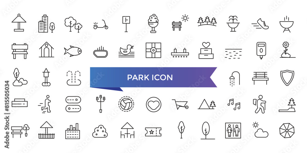 Park icon collection. Related to forest, barbecue, camp, bench, picnic ...