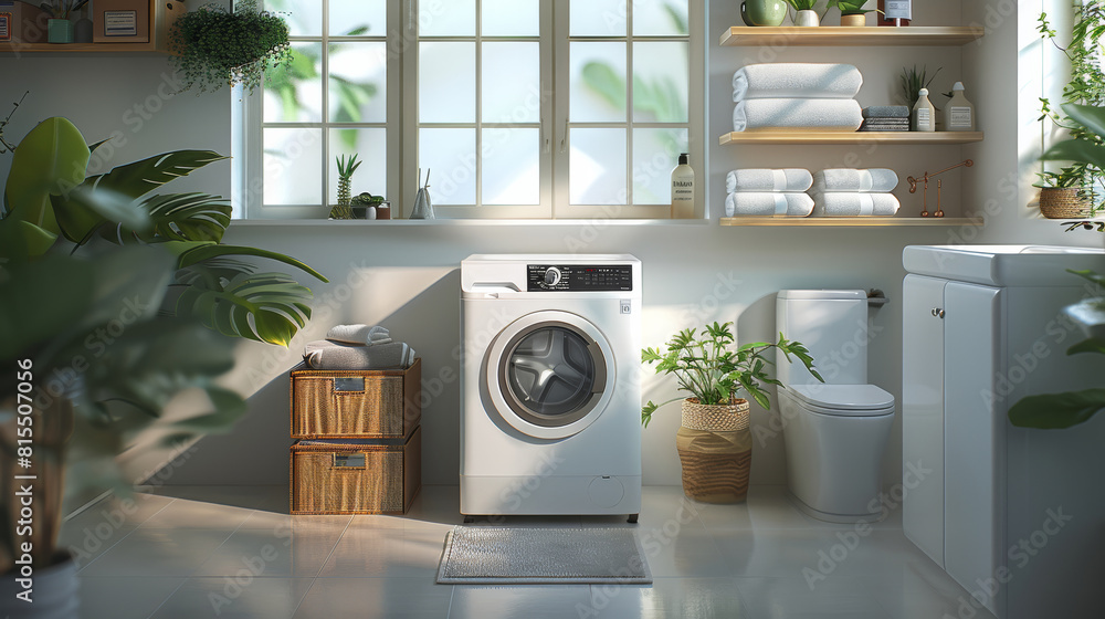 A modern and minimalist style washing machine with light-colored walls ...