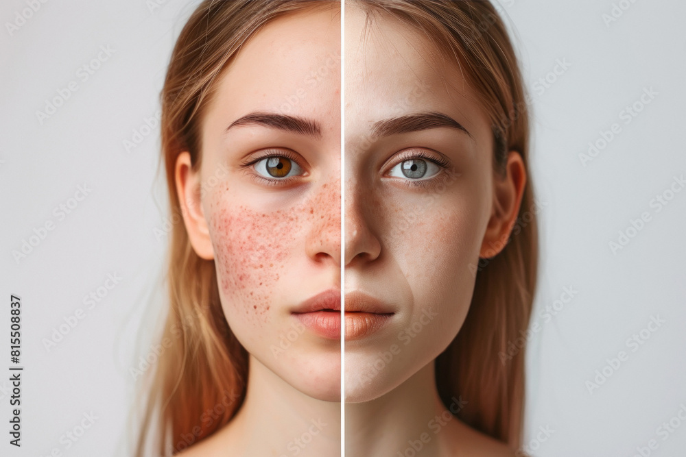 Comparison of a woman face skin before and after treatment Stock Photo ...