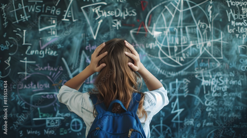 Overwhelmed student facing complex math problems on blackboard ...