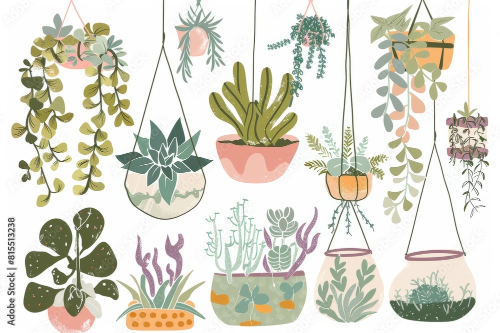 Cartoon cute doodles of indoor gardens with hanging plants, succulents ...