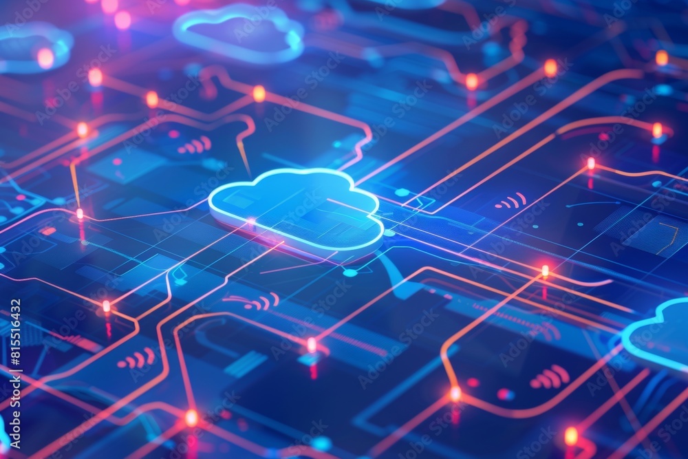 Blueprint-style flowchart representing cloud data migration, servers ...