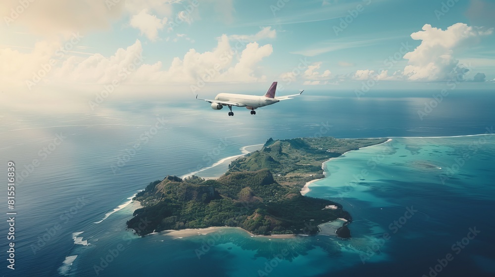 Jet plane over tropical island, panoramic view of airliner landing and ...