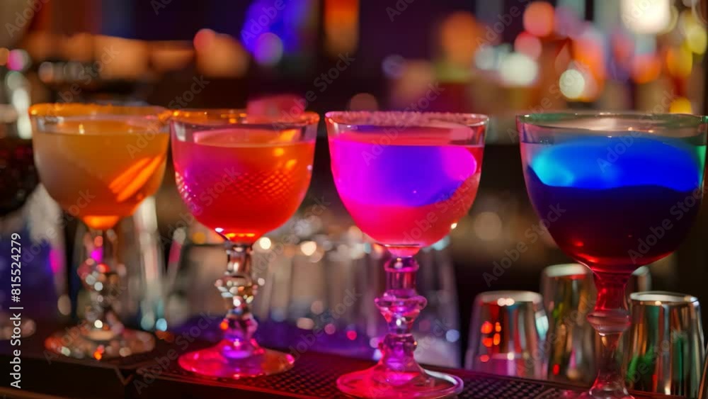 Bartender pouring colorful cocktails into multiple glasses lined up in ...