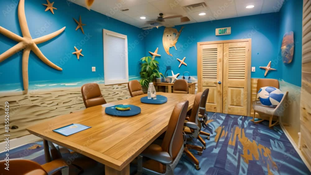 Room featuring a table, chairs, and a starfish mural on the wall ...