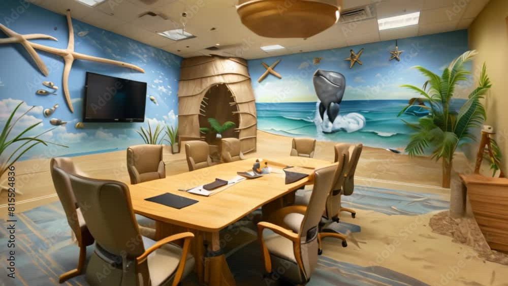 A conference room featuring a large table and chairs with a beach ...