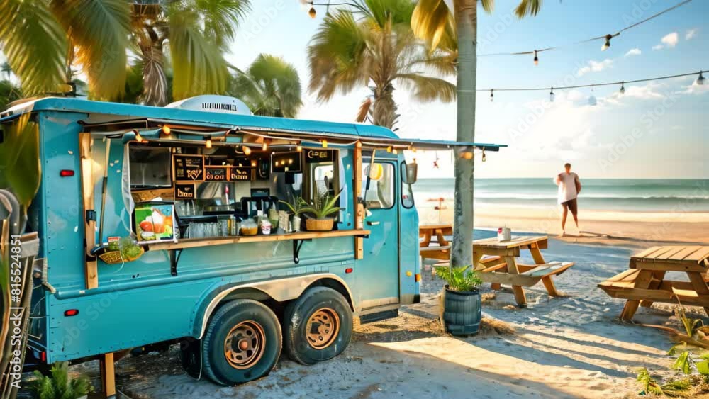 A blue food truck sits parked on the sandy beach, offering beachgoers a ...